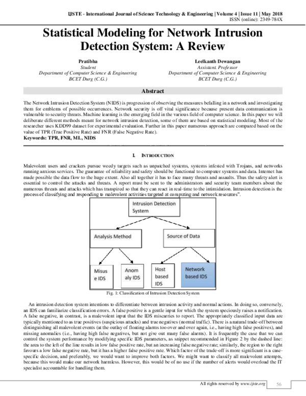 Pdf Statistical Modeling For Network Intrusion Detection System A Review Ijste