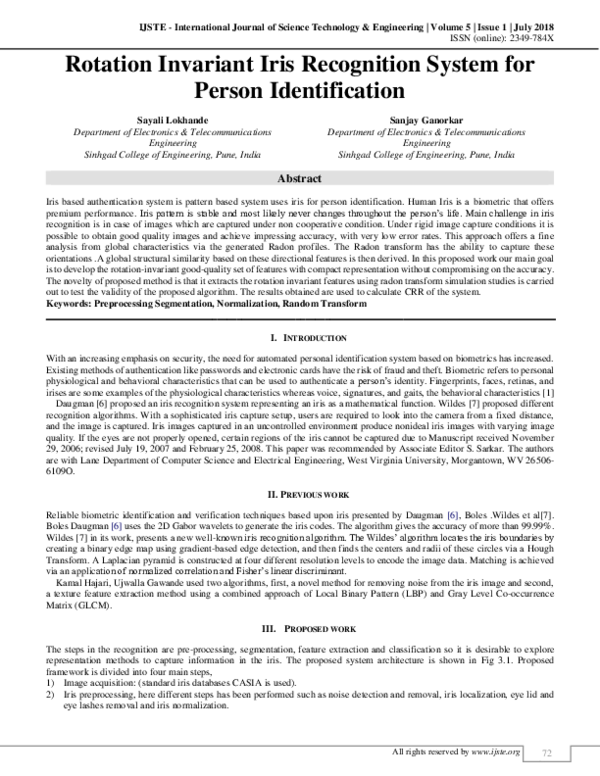 Pdf Rotation Invariant Iris Recognition System For Person
