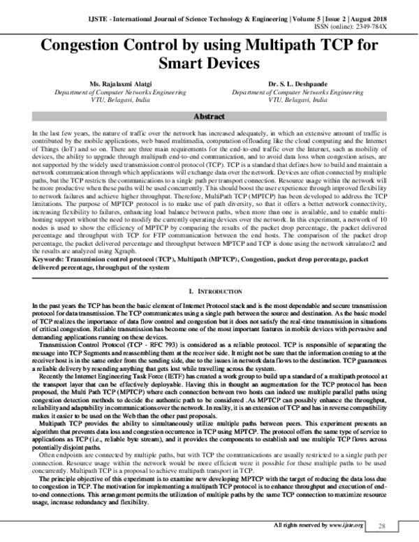 Pdf Congestion Control By Using Multipath Tcp For Smart Devices