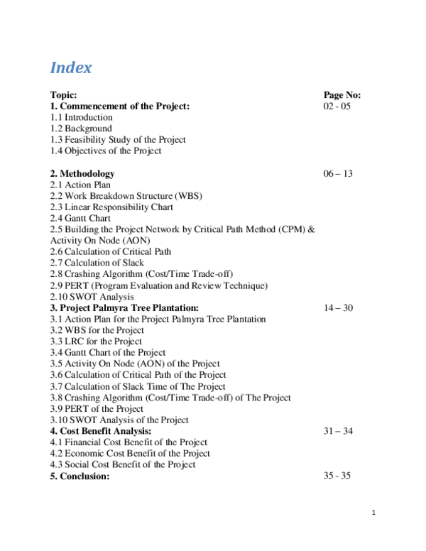 (DOC) Index Topic: Page No: 1. Commencement of the Project