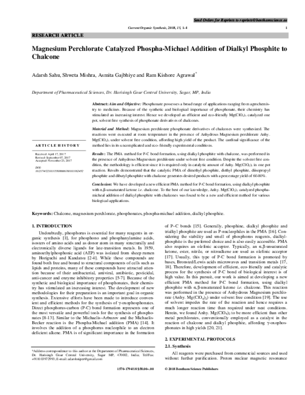 (PDF) Magnesium Perchlorate Catalyzed Phospha-Michael Addition of ...