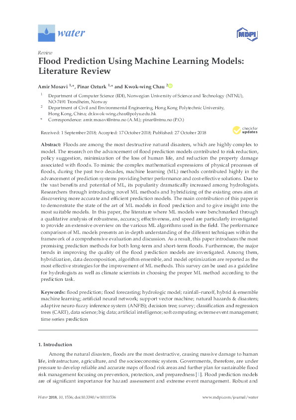 (PDF) Flood Prediction Using Machine Learning Models: Literature Review