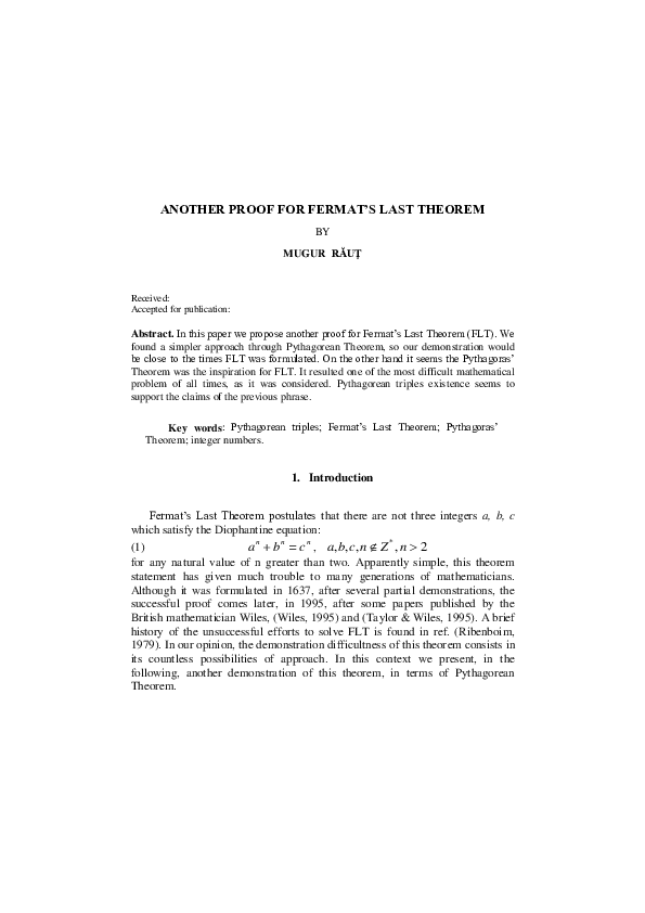 (PDF) ANOTHER PROOF FOR FERMAT'S LAST THEOREM