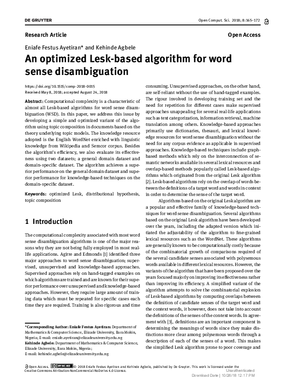 Pdf An Optimized Lesk Based Algorithm For Word Sense Disambiguation