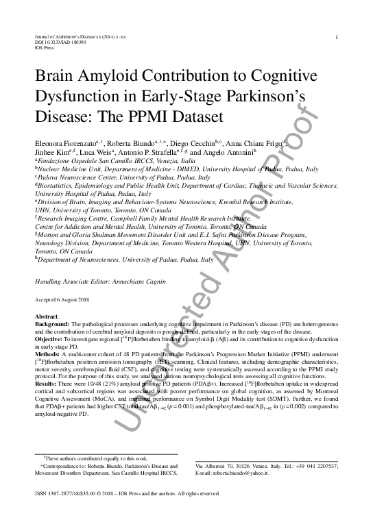 (PDF) Brain Amyloid Contribution to Cognitive Dysfunction in Early ...