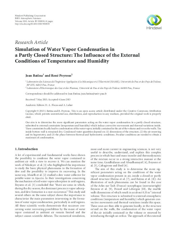 (PDF) Simulation of Water Vapor Condensation in a Partly Closed ...