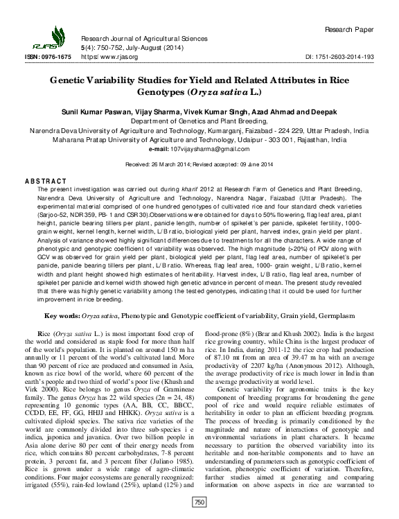 (PDF) Genetic variability analysis for yield and grain quality characters in slender grain rice ...
