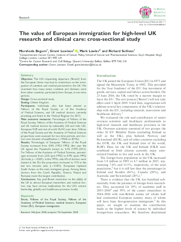 (PDF) The value of European immigration for high-level UK research and ...