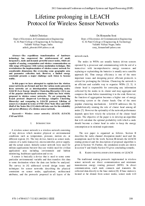 Pdf Lifetime Prolonging In Leach Protocol For Wireless Sensor