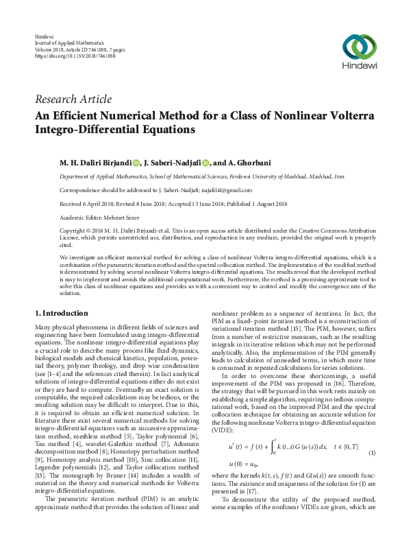 Pdf An Efficient Numerical Method For A Class Of Nonlinear Volterra Integro Differential Equations