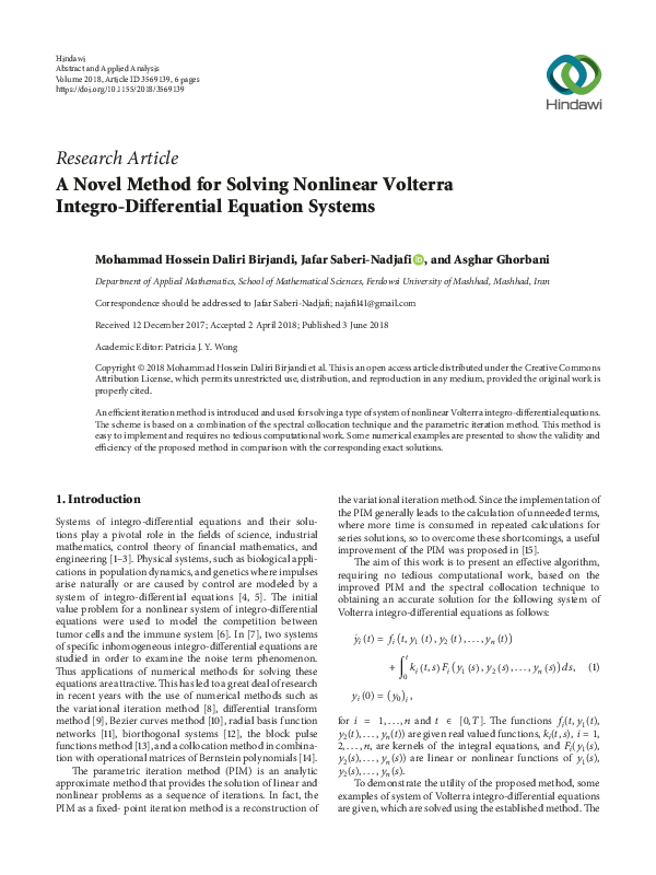 (PDF) A Novel Method for Solving Nonlinear Volterra Integro-Differential Equation Systems