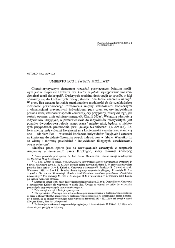 (PDF) Witold Wojtowicz, Umberto Eco i światy możliwe, „Pamiętnik ...