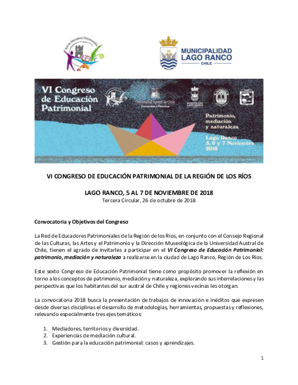 (PDF) PROGRAMA VI CONGRESO DE EDUCACIÓN PATRIMONIAL DE LA REGIÓN DE LOS RÍOS LAGO RANCO, 5 AL 7 ...