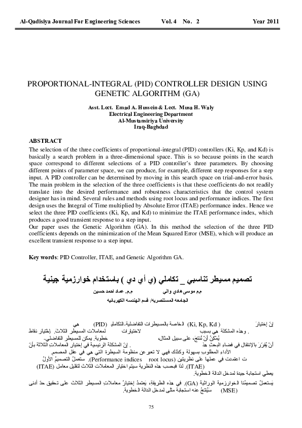 Pdf Proportional Integral Pid Controller Design Using Genetic Algorithm Ga