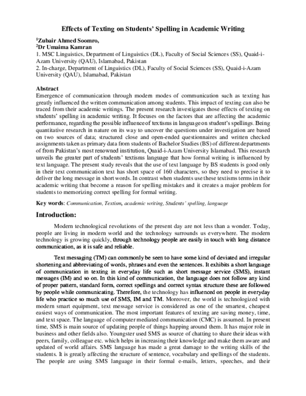 (PDF) Effects of Texting on Students' Spelling in Academic Writing