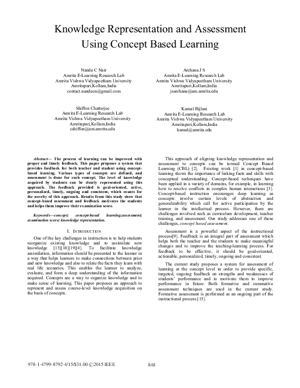 (PDF) Knowledge Representation and Assessment Using Concept Based Learning | nandu chandran nair ...