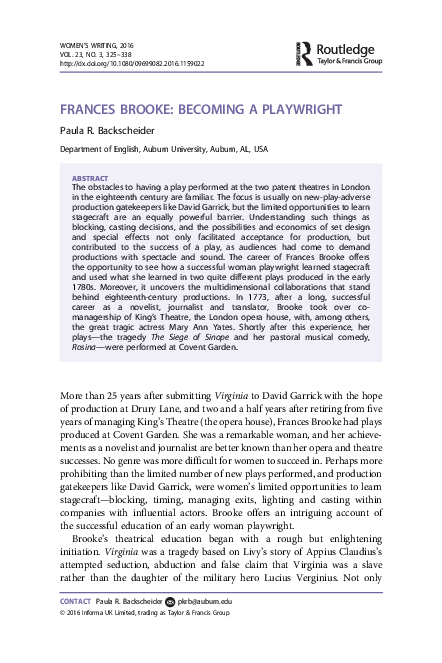 (PDF) Frances Brooke: Becoming a Playwright