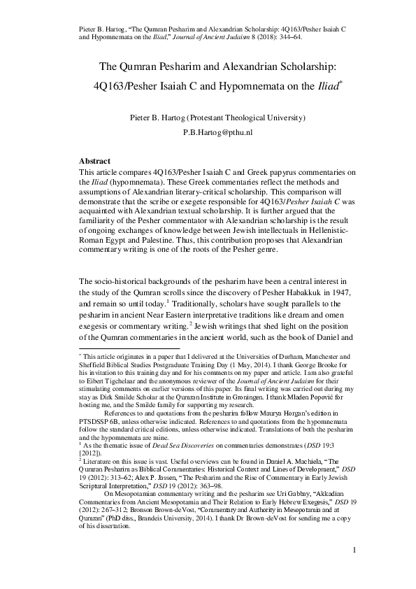 (PDF) The Qumran Pesharim and Alexandrian Scholarship: 4Q163/Pesher ...