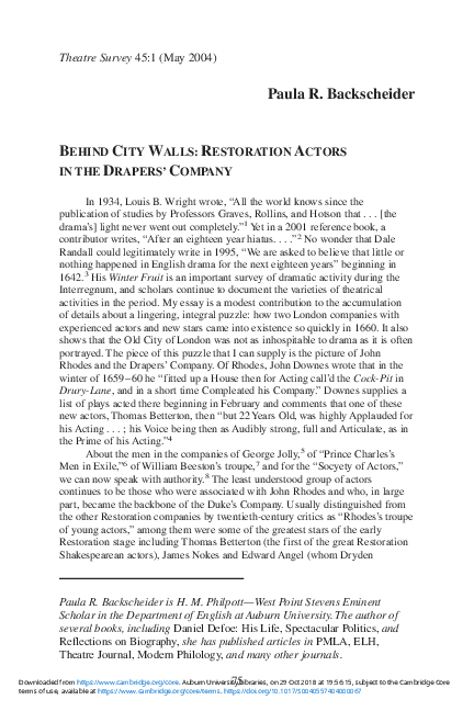 (PDF) Behind City Walls: Restoration Actors in the Drapers' Company