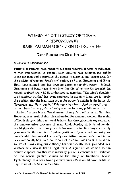(PDF) David Ellenson and Elissa Ben-Naim, “Women and the Study of Torah ...