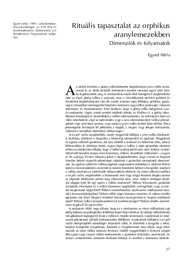 (PDF) "Rituális tapasztalat az orphikus aranylemezekben: Dimenziók és ...