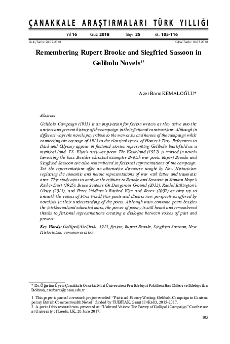 (PDF) Remembering Rupert Brooke and Siegfried Sassoon in Gelibolu Novels 12