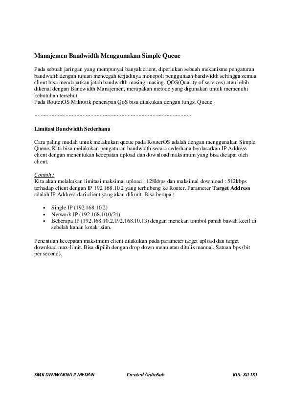 Pdf Manajemen Bandwidth Menggunakan Simple Queue