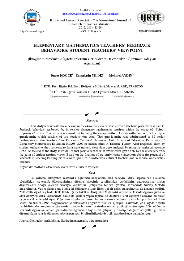 (PDF) ELEMENTARY MATHEMATICS TEACHERS’ FEEDBACK BEHAVIORS: STUDENT ...