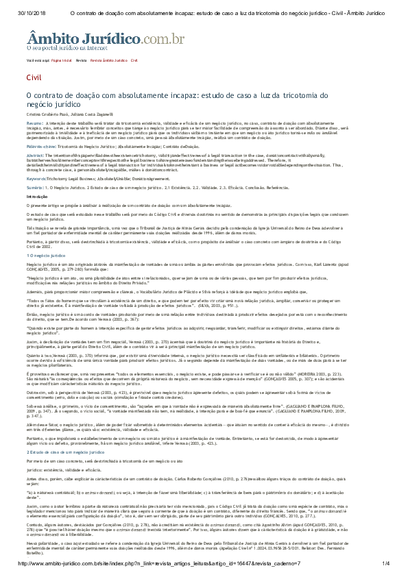 (PDF) O contrato de doação com absolutamente incapaz: estudo de caso a ...