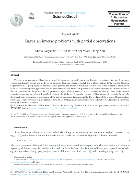 Pdf Bayesian Inverse Problems With Partial Observations