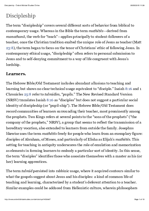 (PDF) Discipleship, Oxford Encyclopedia of the Bible and Ethics