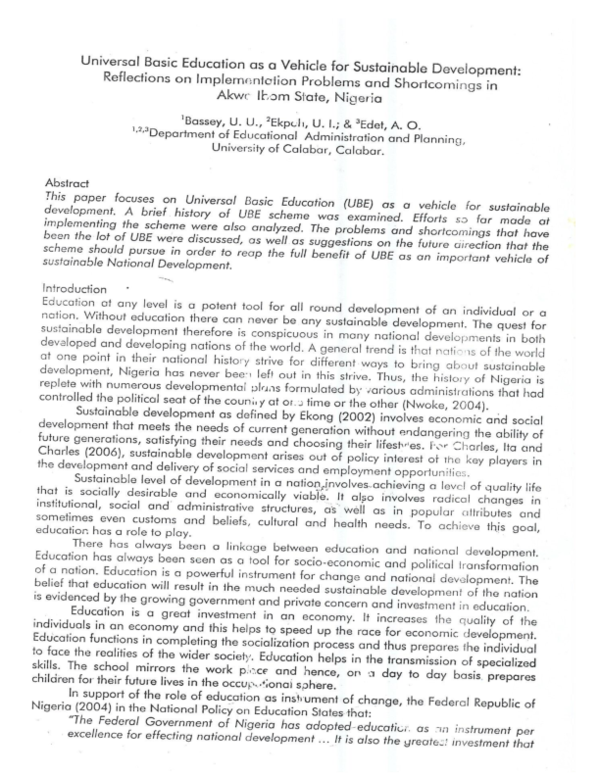 (PDF) UNIVERSAL BASIC EDUCATION AS A VECHICLE FOR SUSTAINABLE DEVELOPMENT: Reflections on ...