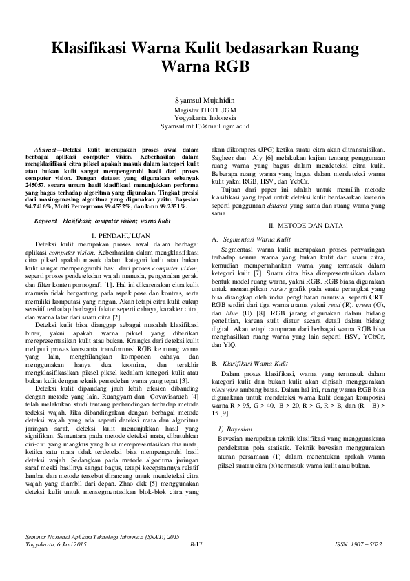 (PDF) Klasifikasi Warna Kulit bedasarkan Ruang Warna RGB