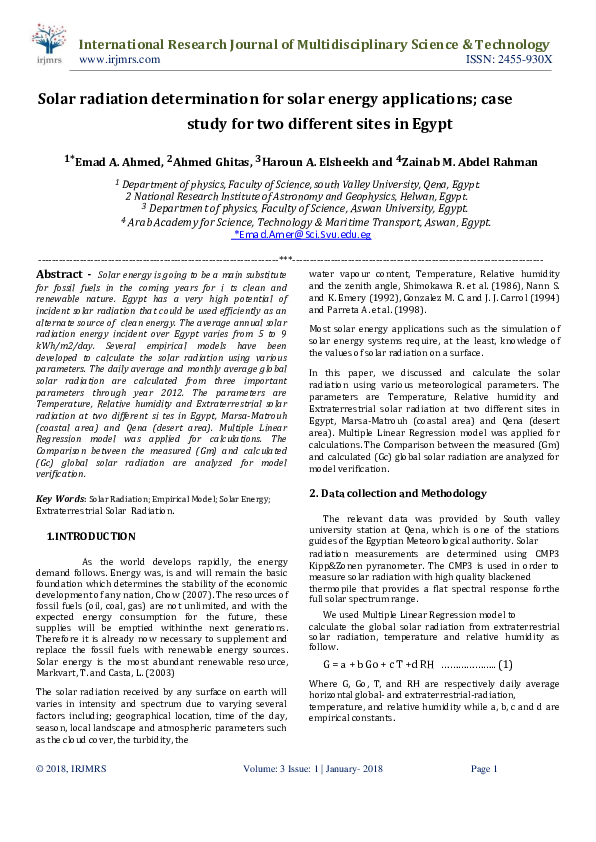 (PDF) Solar radiation determination for solar energy applications; case ...