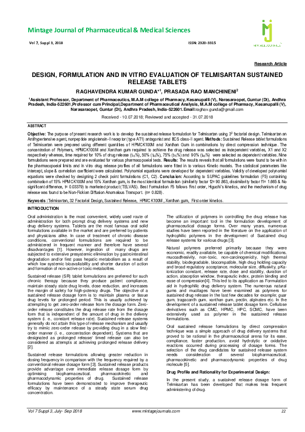 Pdf Design Formulation And In Vitro Evaluation Of Telmisartan Sustained Release Tablets