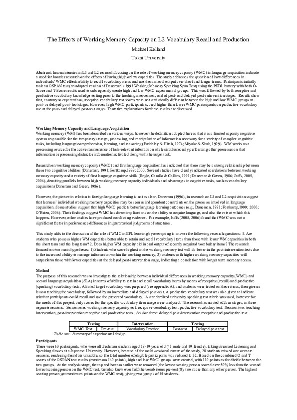 (DOC) The Effects of Working Memory Capacity on L2 Vocabulary Recall and Production