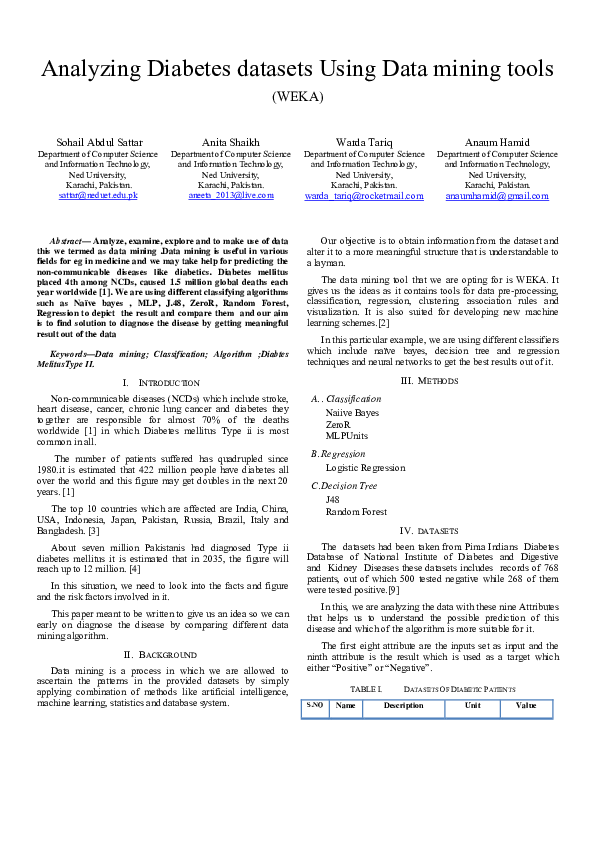 Pdf Analyzing Diabetes Datasets Using Data Mining Tools Weka