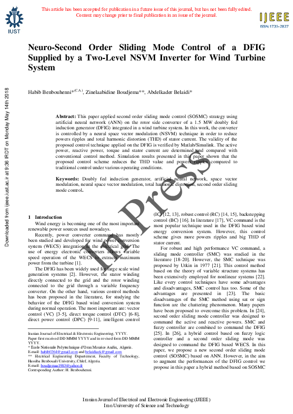 Pdf Neuro Second Order Sliding Mode Control Of A Dfig Supplied By A Two Level Nsvm Inverter
