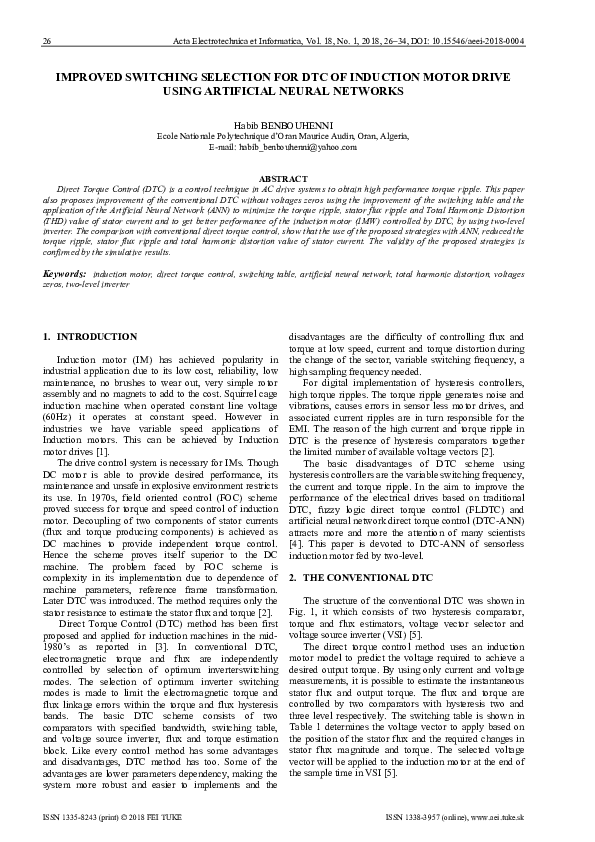 Pdf Improved Switching Selection For Dtc Of Induction Motor Drive Using Artificial Neural Networks