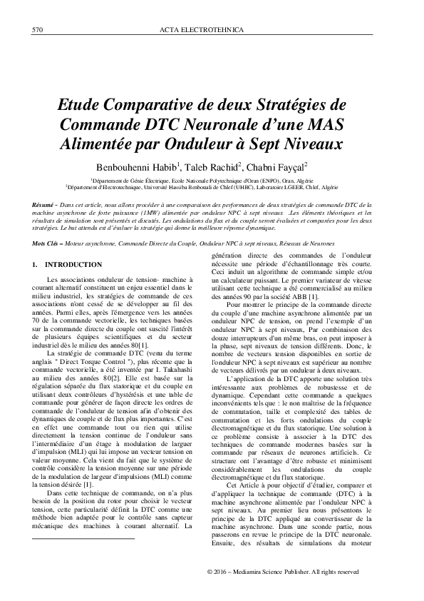 (PDF) Etude Comparative de deux Stratégies de Commande DTC Neuronale d'une MAS Alimentée par ...