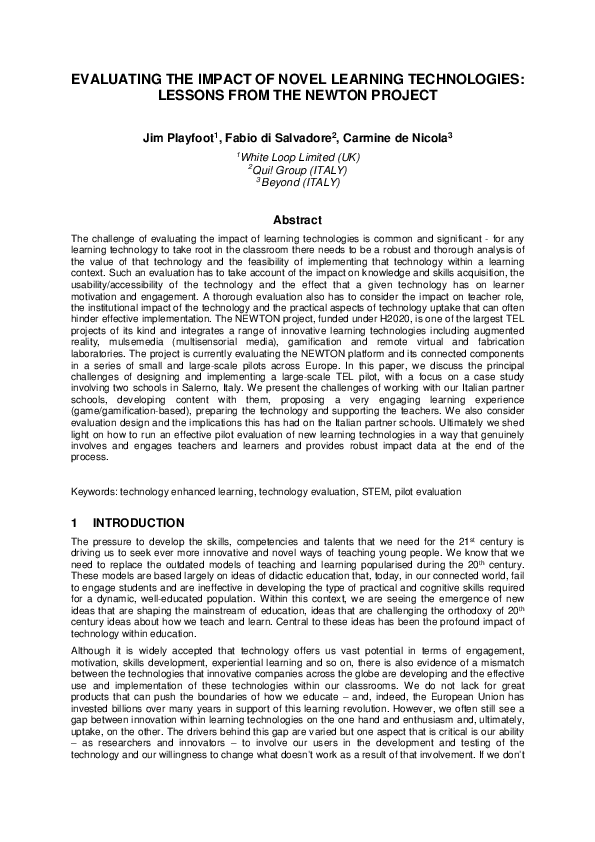 (PDF) EVALUATING THE IMPACT OF NOVEL LEARNING TECHNOLOGIES: LESSONS ...