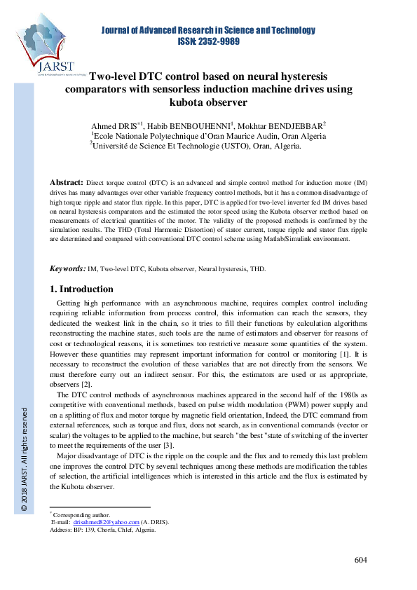 Pdf Two Level Dtc Control Based On Neural Hysteresis Comparators With Sensorless Induction