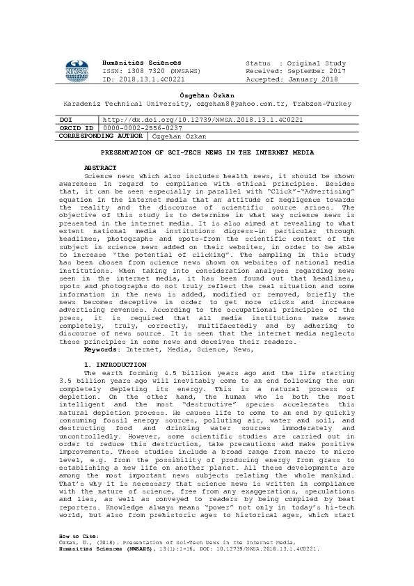 (PDF) PRESENTATION OF SCI-TECH NEWS IN THE INTERNET MEDIA