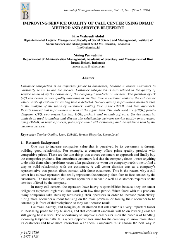 (PDF) IMPROVING SERVICE QUALITY OF CALL CENTER USING DMAIC METHOD AND ...