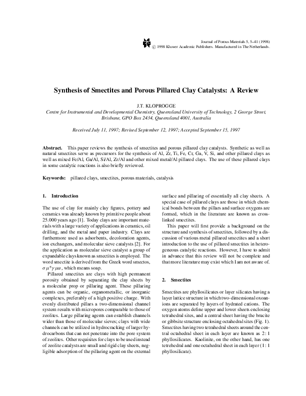 (PDF) Synthesis of Smectites and Porous Pillared Clay Catalysts: A Review