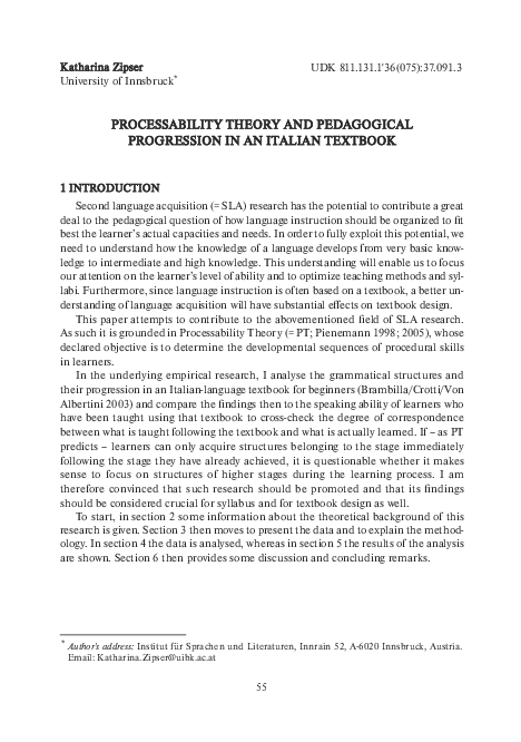 Pdf Processability Theory And Pedagogical Progression In An Italian Textbook