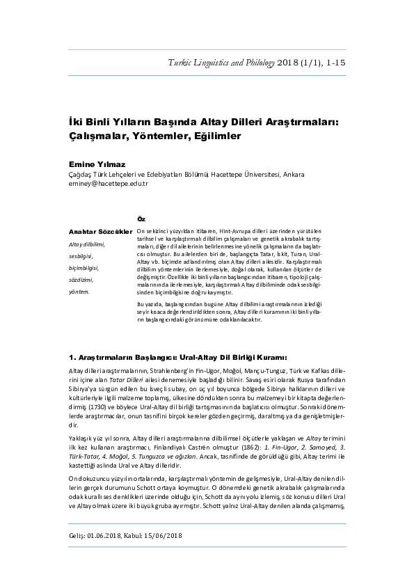 (PDF) İki Binli Yılların Başında Altay Dilleri Araştırmaları
