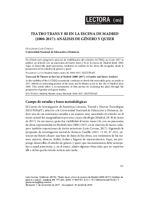 Pdf Teatro Trans Y Bi En La Escena De Madrid 2000 2017 Análisis De