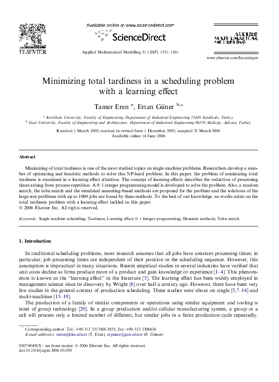 Pdf Minimizing Total Tardiness In A Scheduling Problem With A