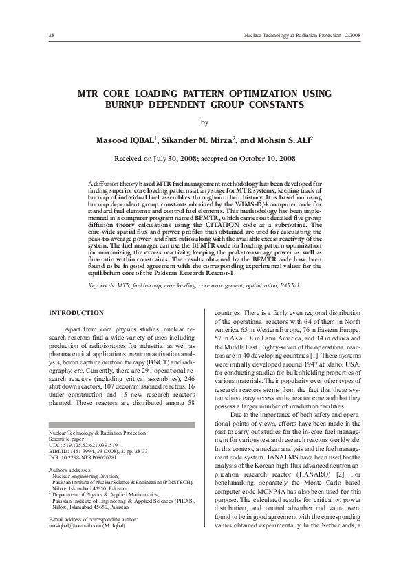 Pdf Mtr Core Loading Pattern Optimization Using Burnup Dependent